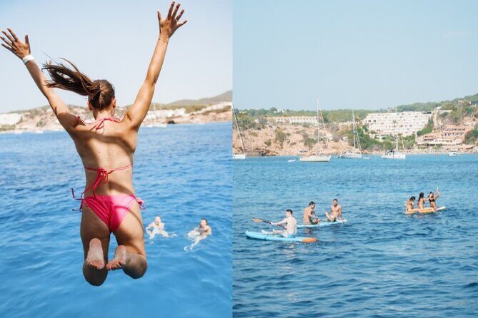 5 Hour Adults Ibiza Boat Trip + lunch, 6 drinks, SUP Boards & DJ - The Sum Up