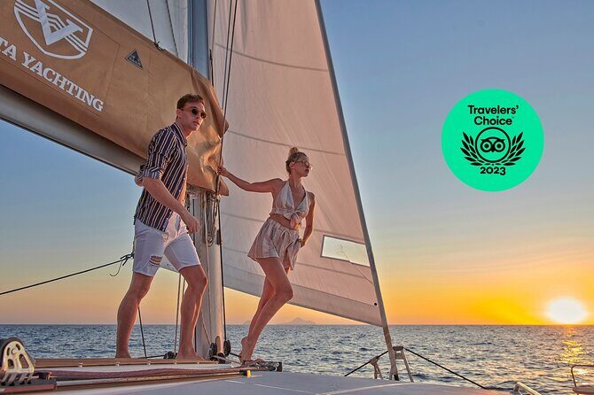 Santorini Gold Catamaran Cruise with BBQ, Drinks and Hotel Pickup - The Itinerary in Detail