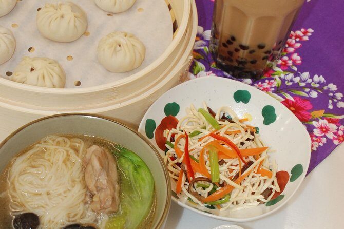 Taiwan Traditional Delicacies Experience, Xiao Long Bao, Chicken vermicelli with mushroom and sesame oil, Tofu strips salad, Bubble milk tea. - FAQ: Practical Questions About the Taiwan Traditional Delicacies Experience
