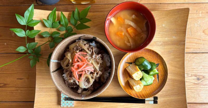 The ubiquitous Japanese beef rice bowlGyudon with side dishe - Key Points