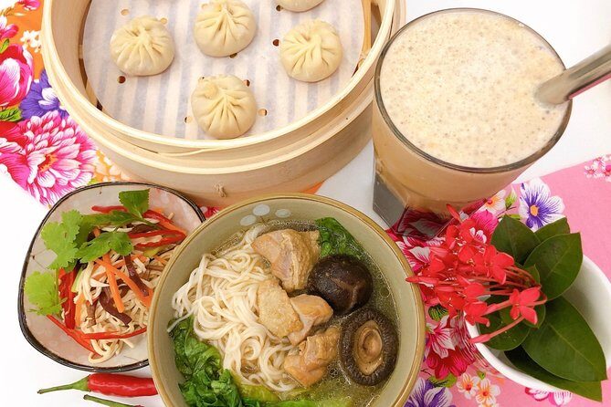 Xiao Long Bao, Chicken vermicelli with mushroom and sesame oil, Tofu strips salad, Bubble milk tea. Taiwan Traditional Delicacies Experience-A (Taipei Cooking Class) - The Experience in Practice